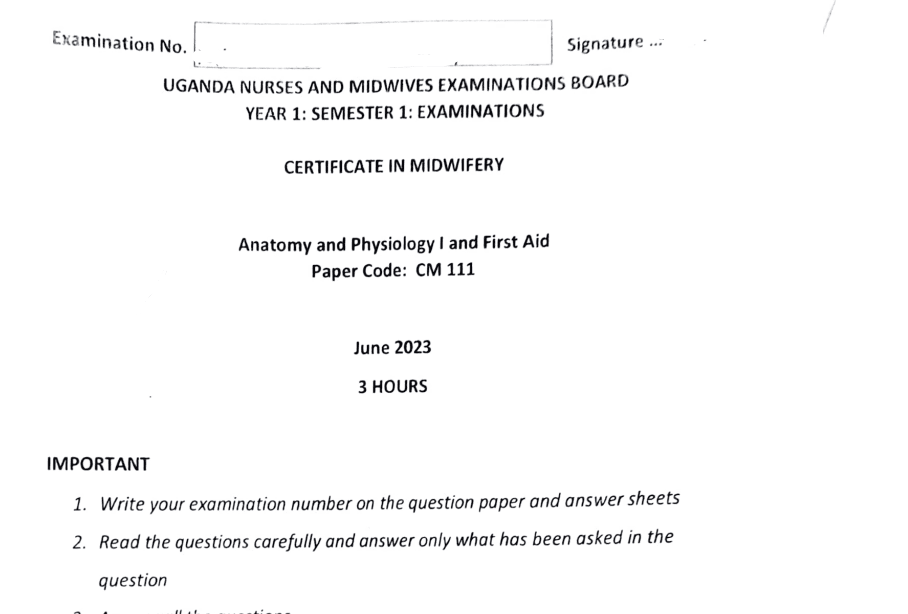 Anatomy I and First Aid UNMEB CM 2023 Answers - Nurses Revision